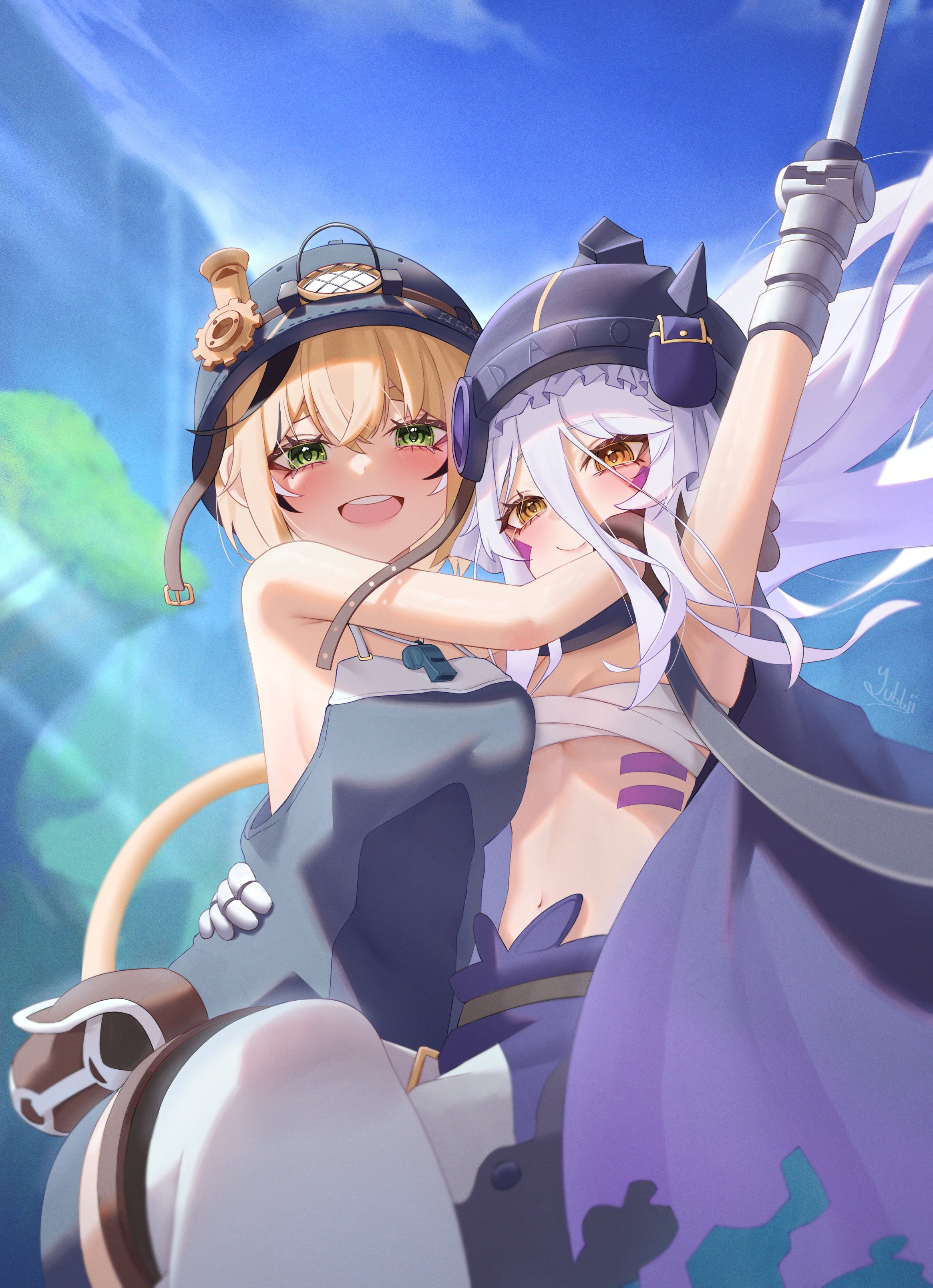 BBooru - 2girls absurdres black hair blonde hair blue shorts body markings breasts brown gloves ...