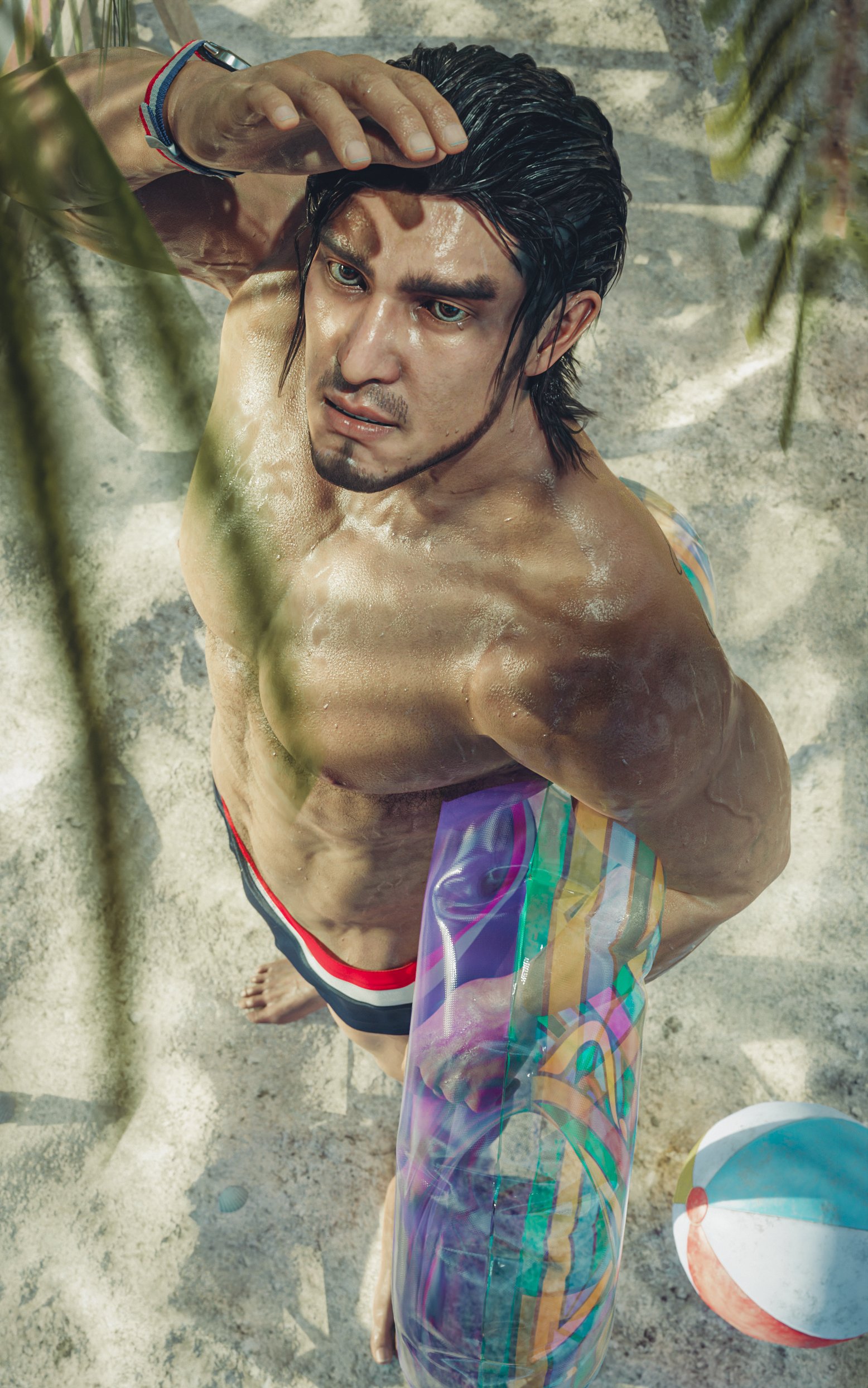 BBooru - 1boy 1human 1male beach beach ball black hair brown eyes eruda rgg ichiban kasuga ...