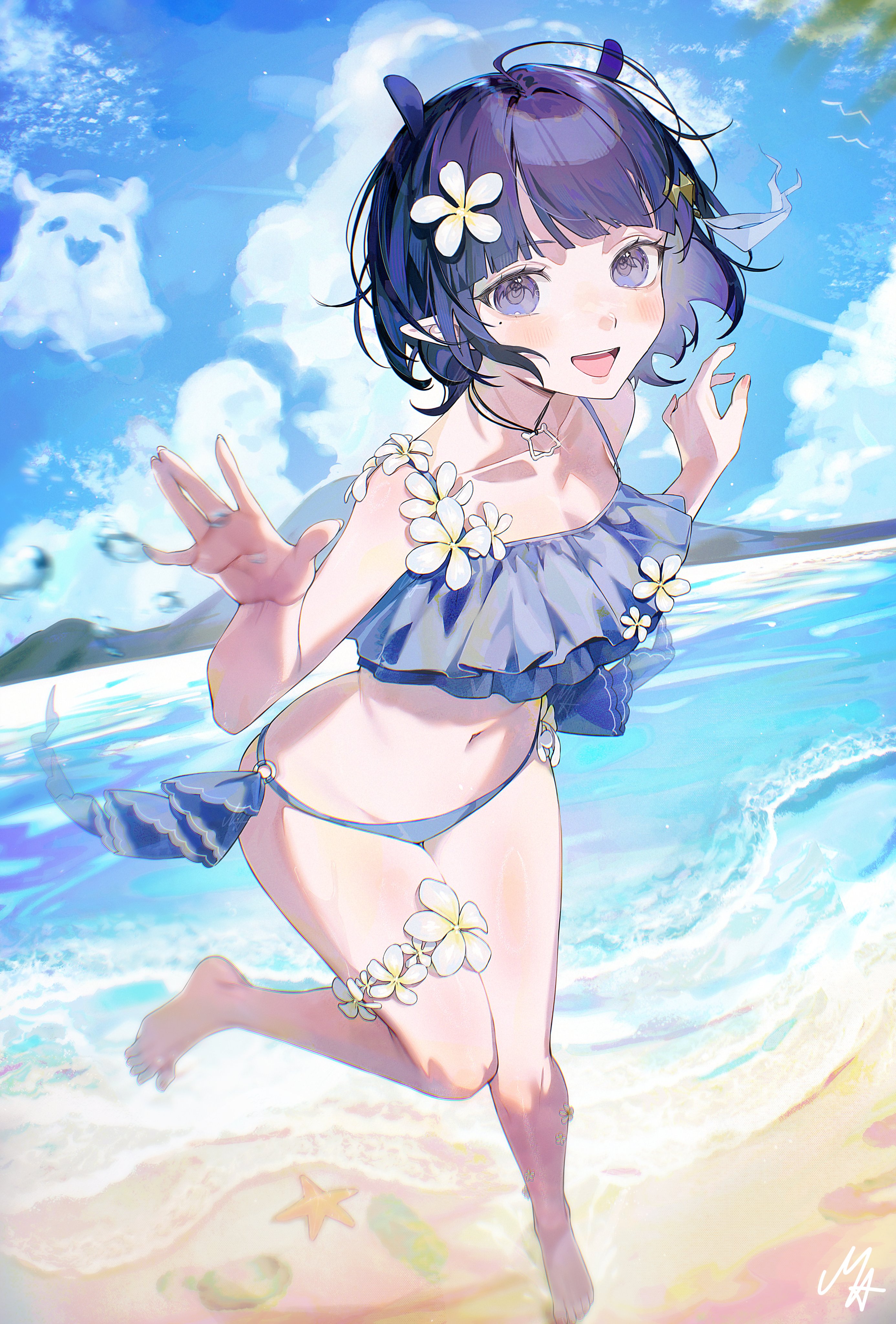 BBooru - :d absurdres ani 019 beach bikini blue sky flower thigh strap highres hololive hololive ...