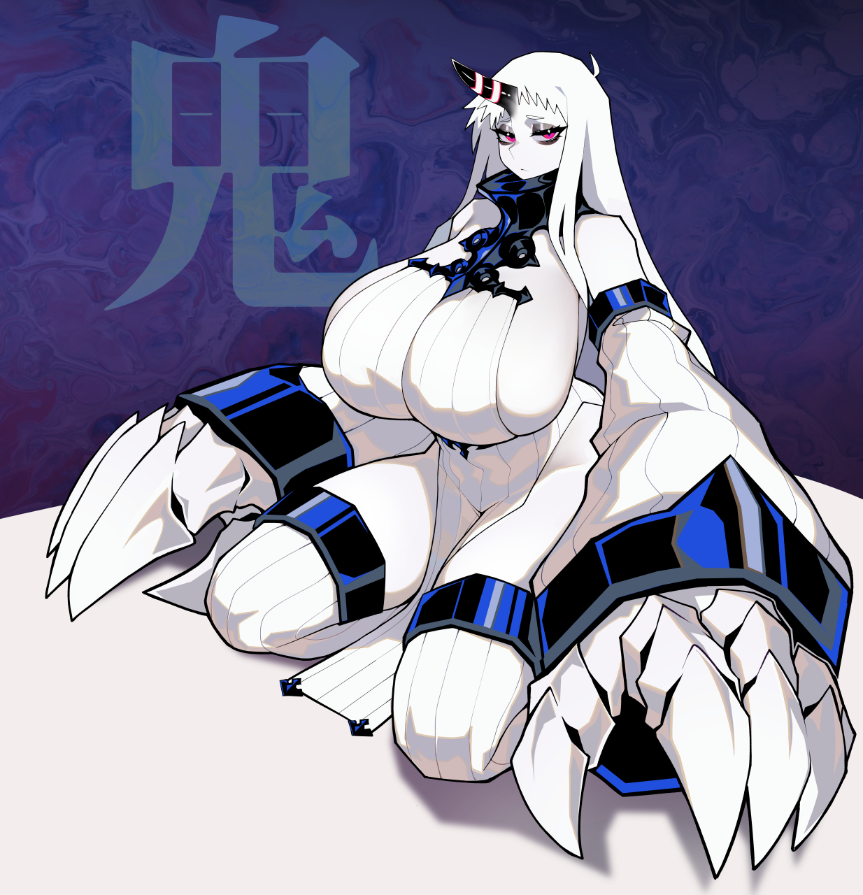 BBooru - abyssal ship blush breasts claws colored skin detached sleeves dress highres horns ...