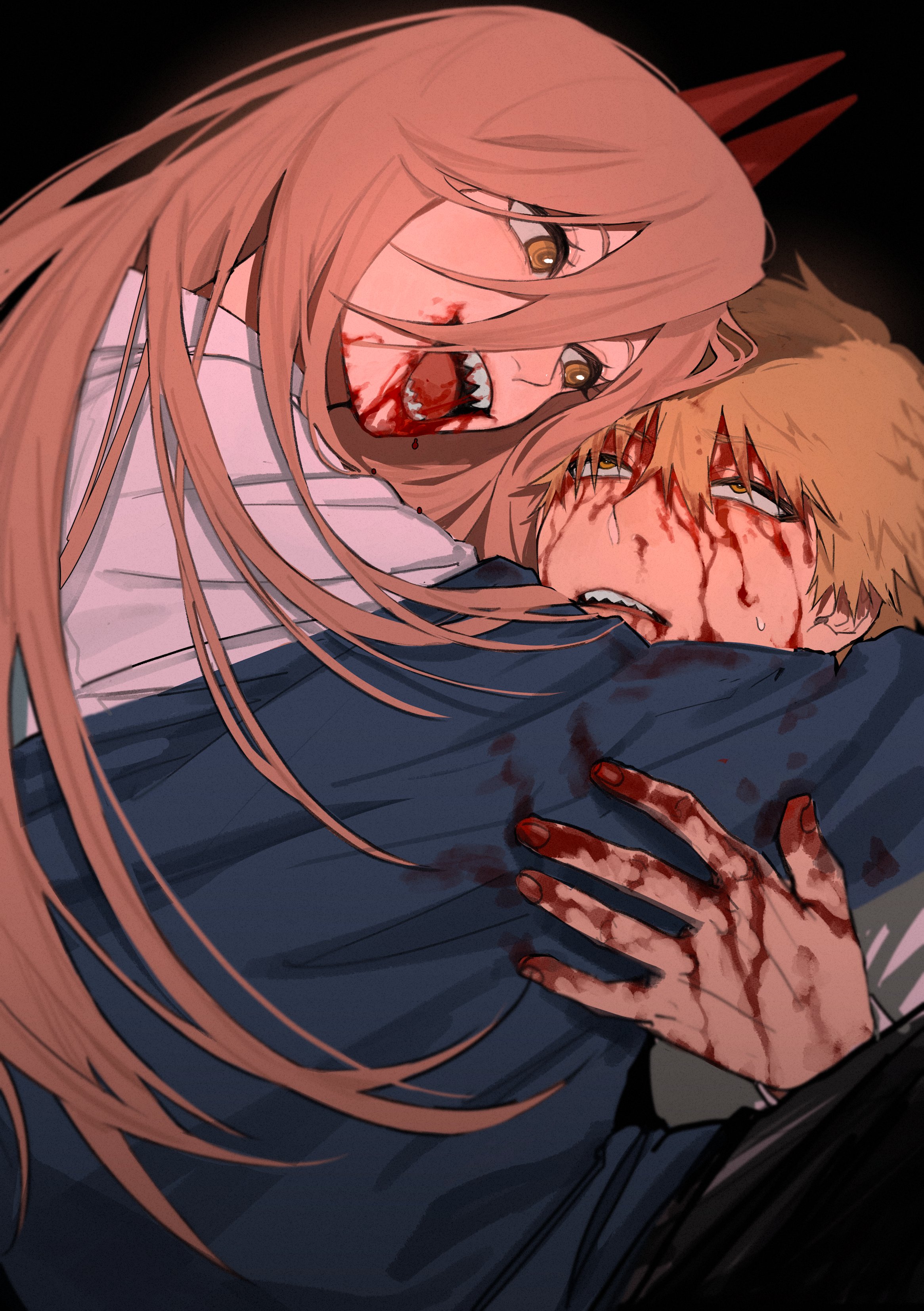 BBooru - 1boy absurdres black background blonde hair blood blood from mouth blood on clothes ...