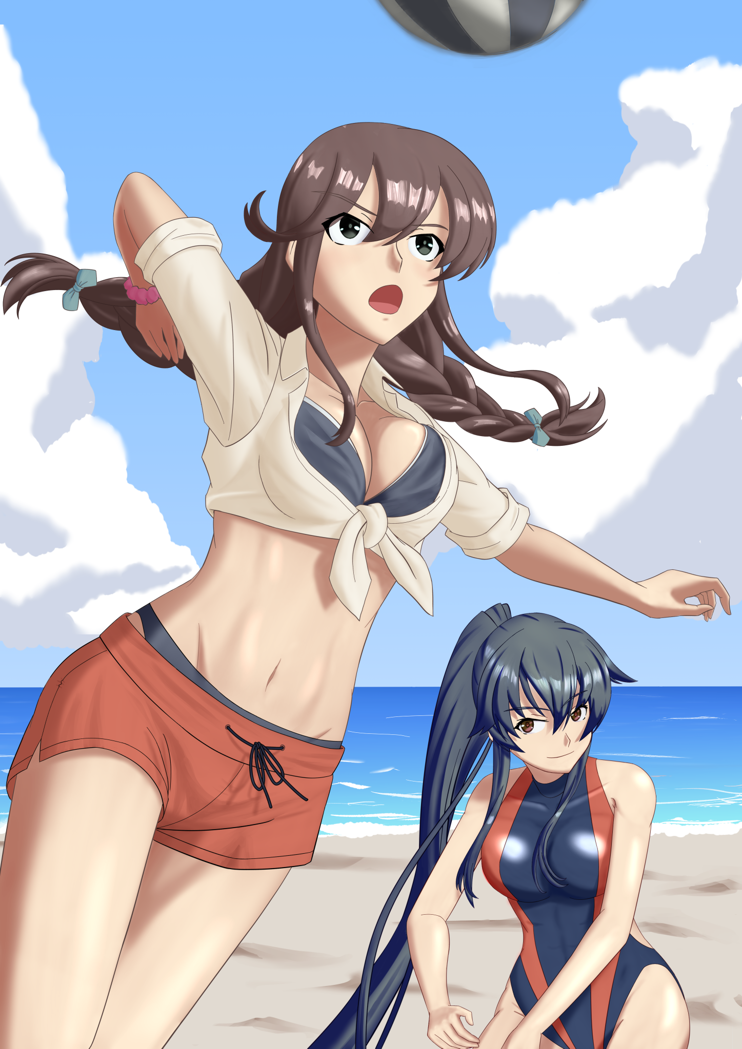 BBooru - 2girls alternate costume ball beach beach volleyball beachball bikini bikini under ...