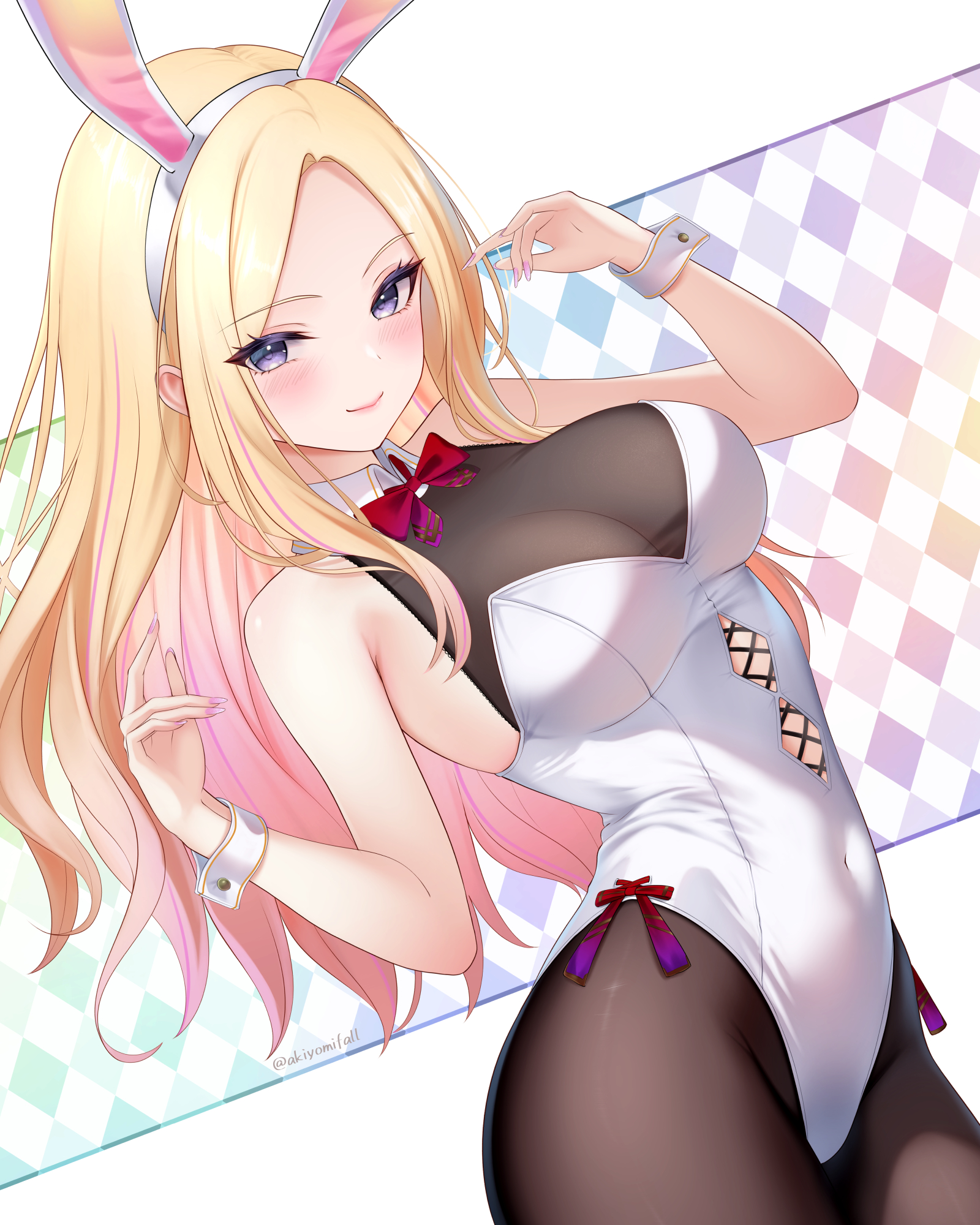 BBooru - akiyomi animal ears bare shoulders black pantyhose blonde hair blush bow bowtie breasts ...