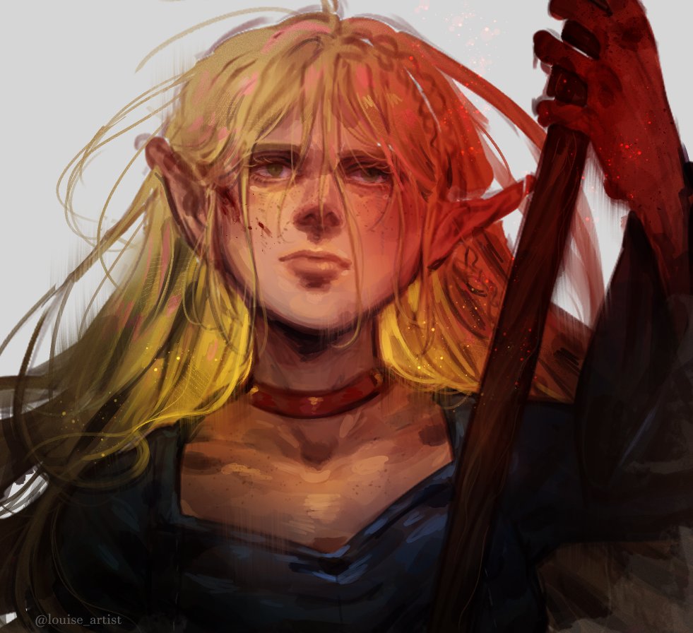 BBooru - blonde hair blood blood on face blue dress choker closed mouth ...