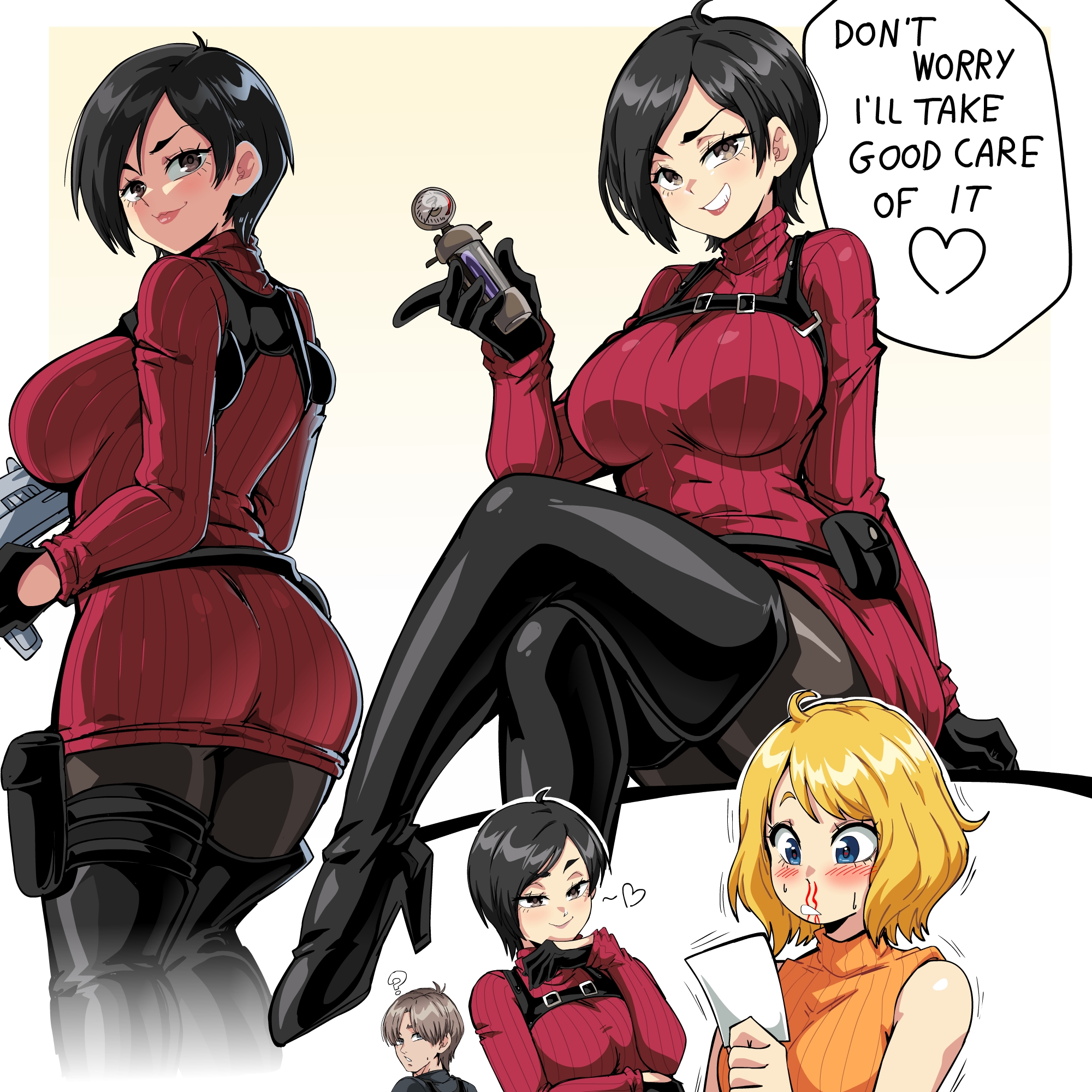 BBooru - 1boy 2girls ? ada wong aroused nosebleed ashley graham ass black gloves black hair ...
