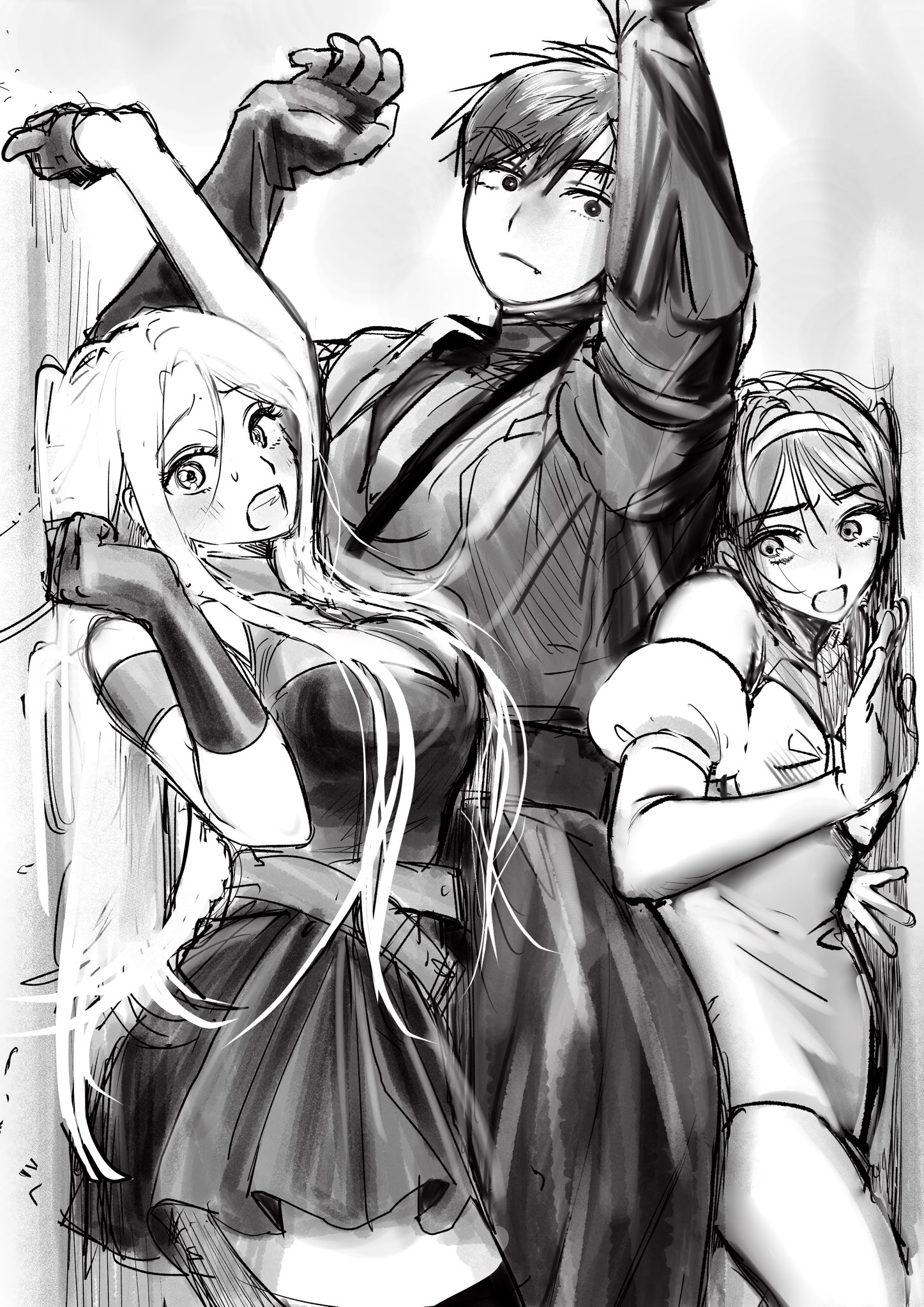 BBooru - 1boy 2girls alien stage arms up asymmetrical gloves breasts closed mouth coat ...