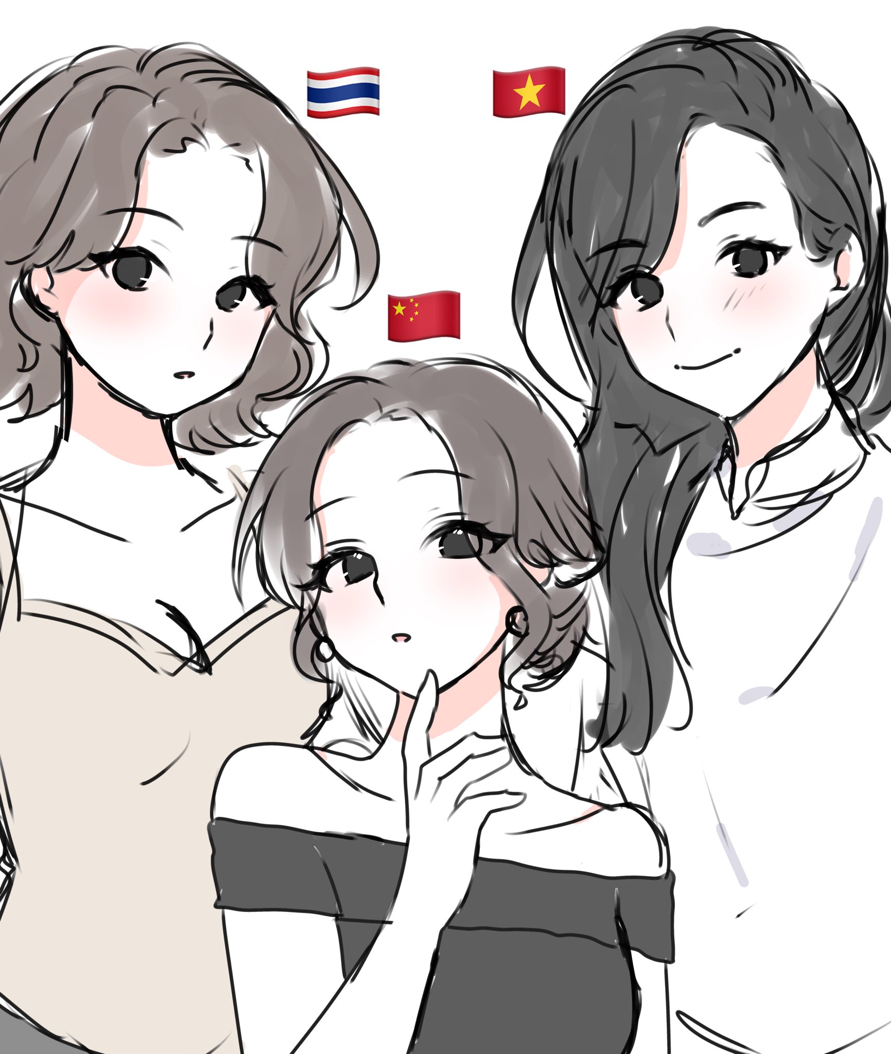 BBooru - 3girls bare shoulders black eyes black hair black shirt blush ...