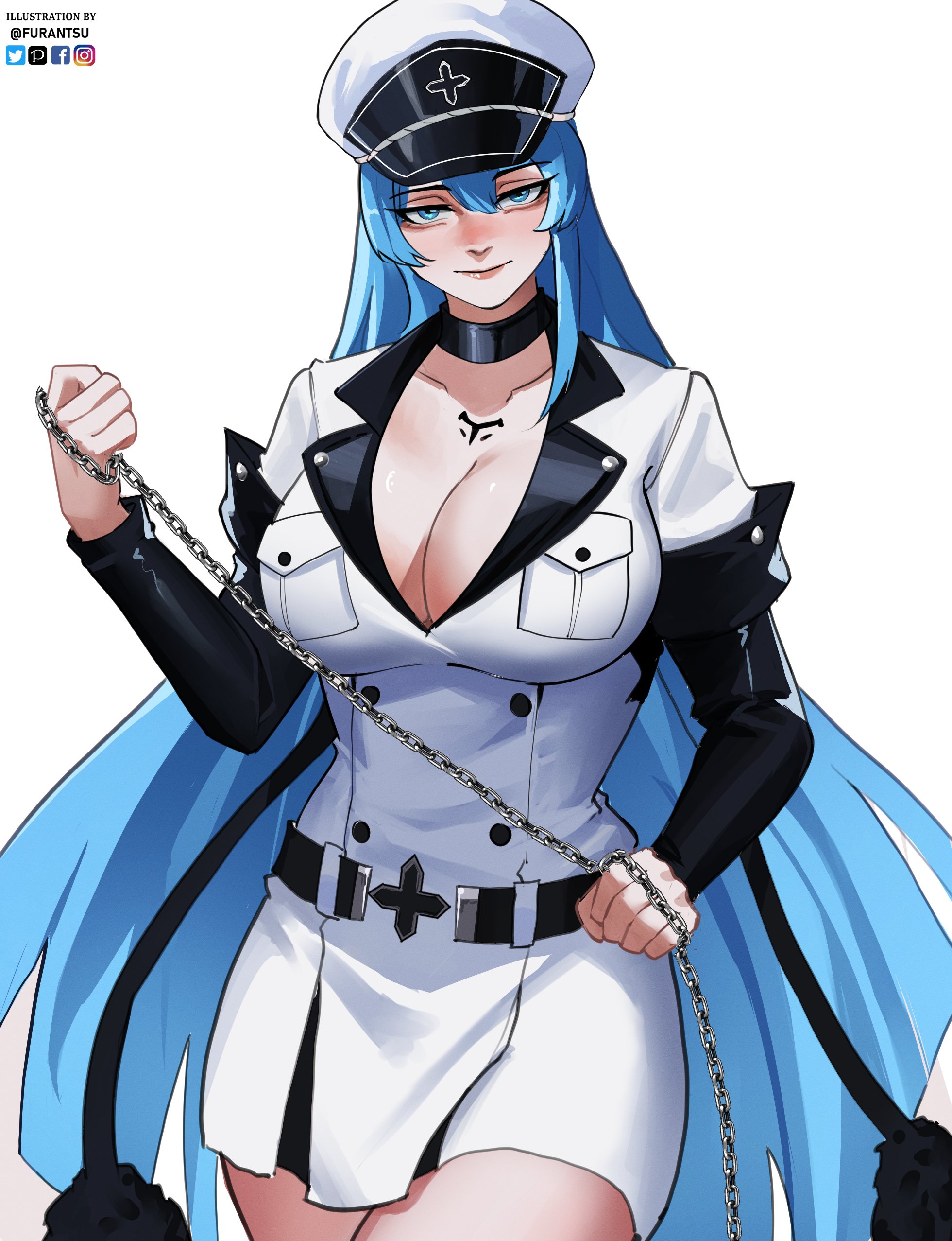 BBooru - absurdres akame ga kill! black choker blue eyes blue hair breasts chains chest tattoo ...