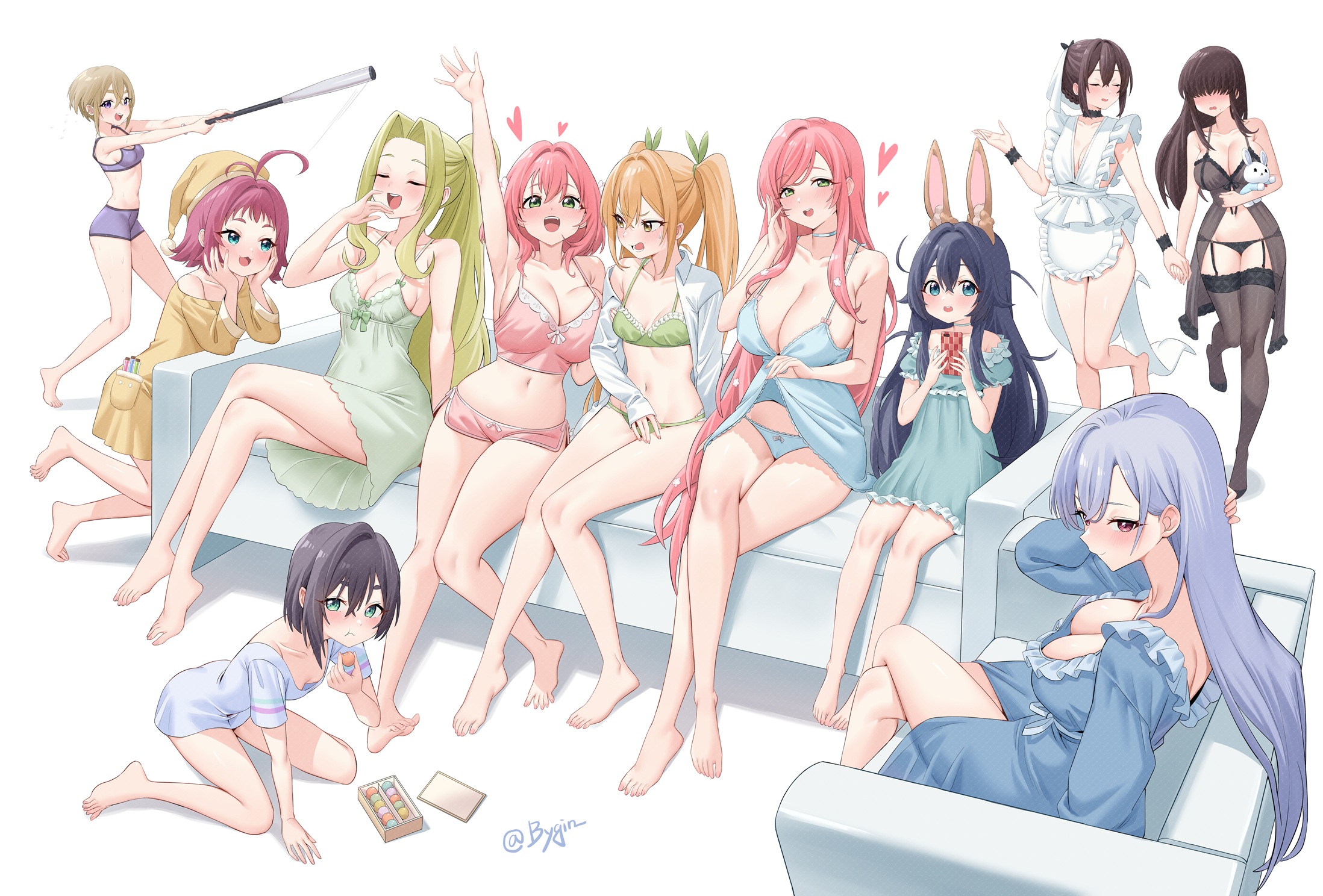 BBooru - 6+girls :t animal ears apron aqua dress artist name babydoll baseball bat black garter ...