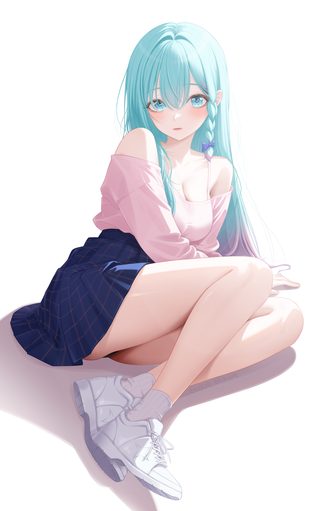 BBooru - aqua eyes aqua hair bare shoulders blue skirt braid breasts charon universe cleavage ...