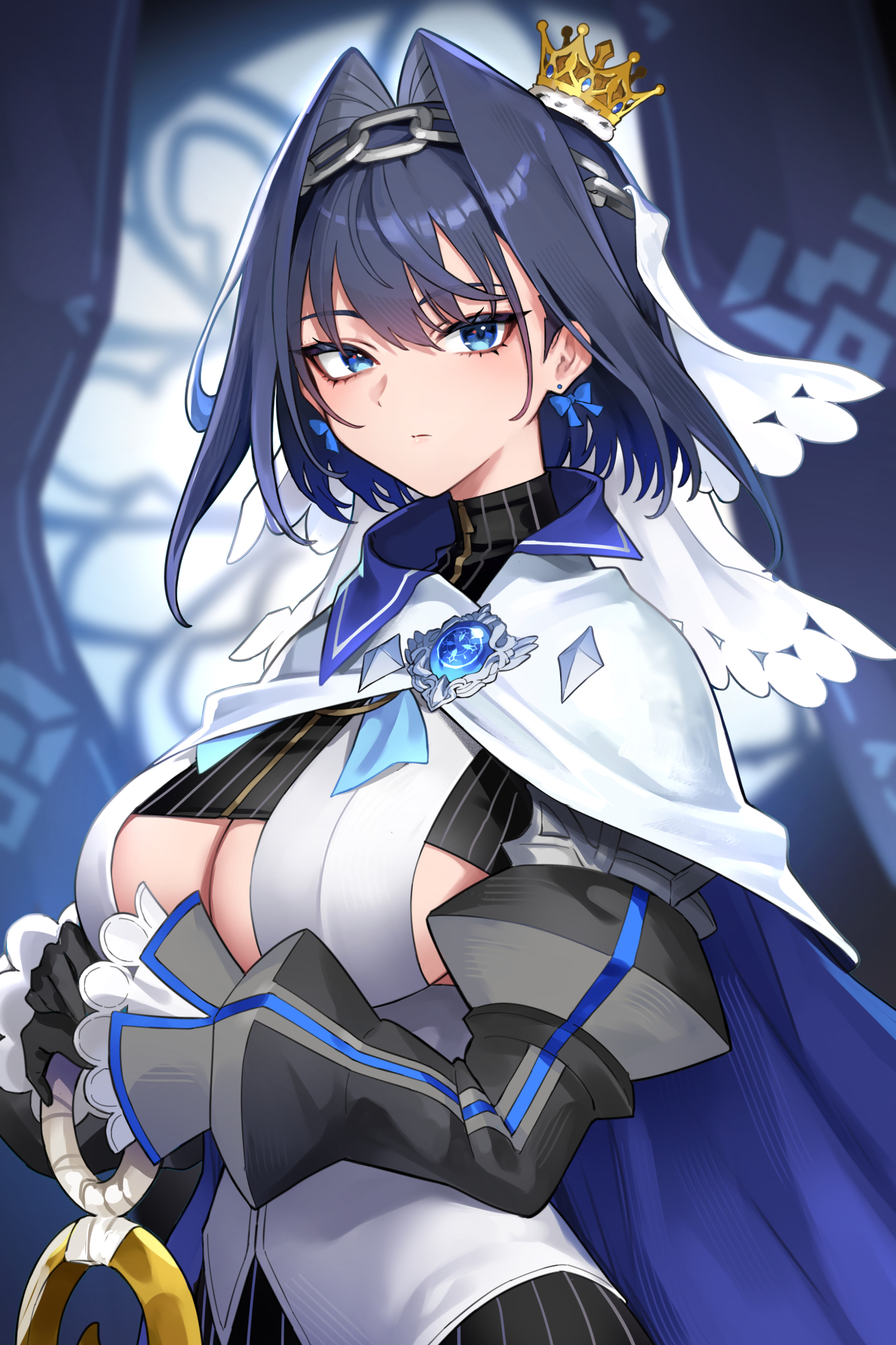 BBooru - black gloves black shirt black skirt blue bow blue bowtie blue cape blue eyes blue hair ...