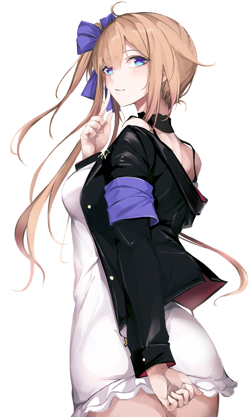 BBooru - absurdres black choker black jacket blonde hair blue eyes bow breasts choker dress fal ...