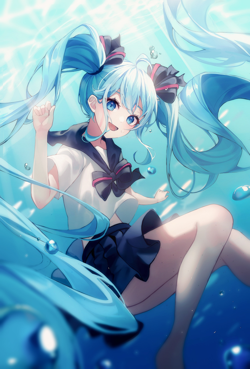 BBooru - 1yu x absurdres aqua eyes aqua hair black bow blue sailor collar blue skirt bottle miku ...
