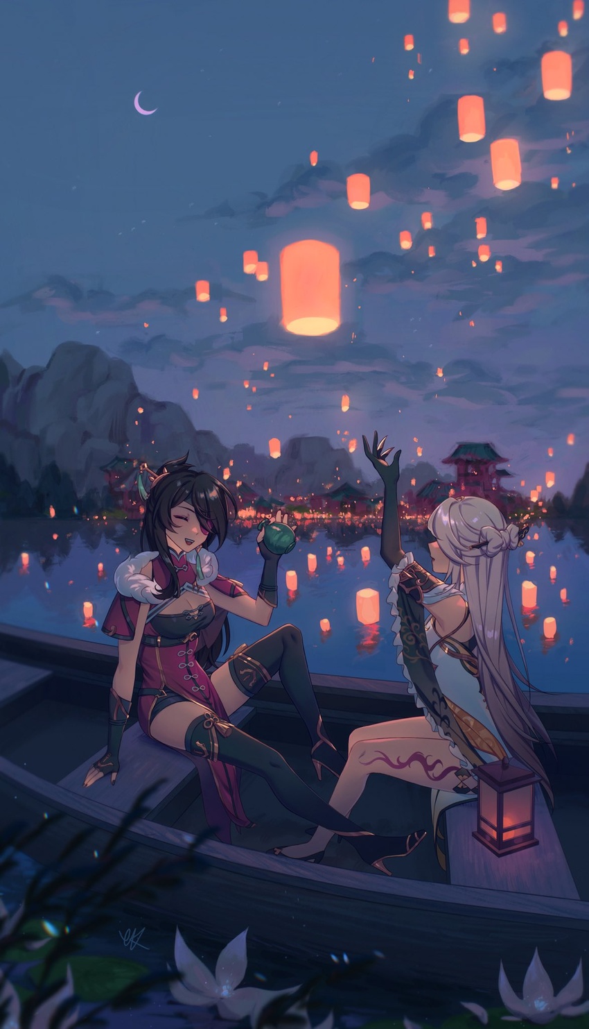 BBooru - 2girls architecture bare legs beidou (genshin impact) black ...