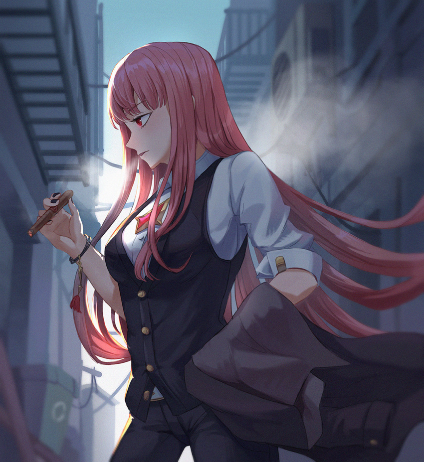 BBooru - alley alternate costume black nails blowing smoke breasts ...