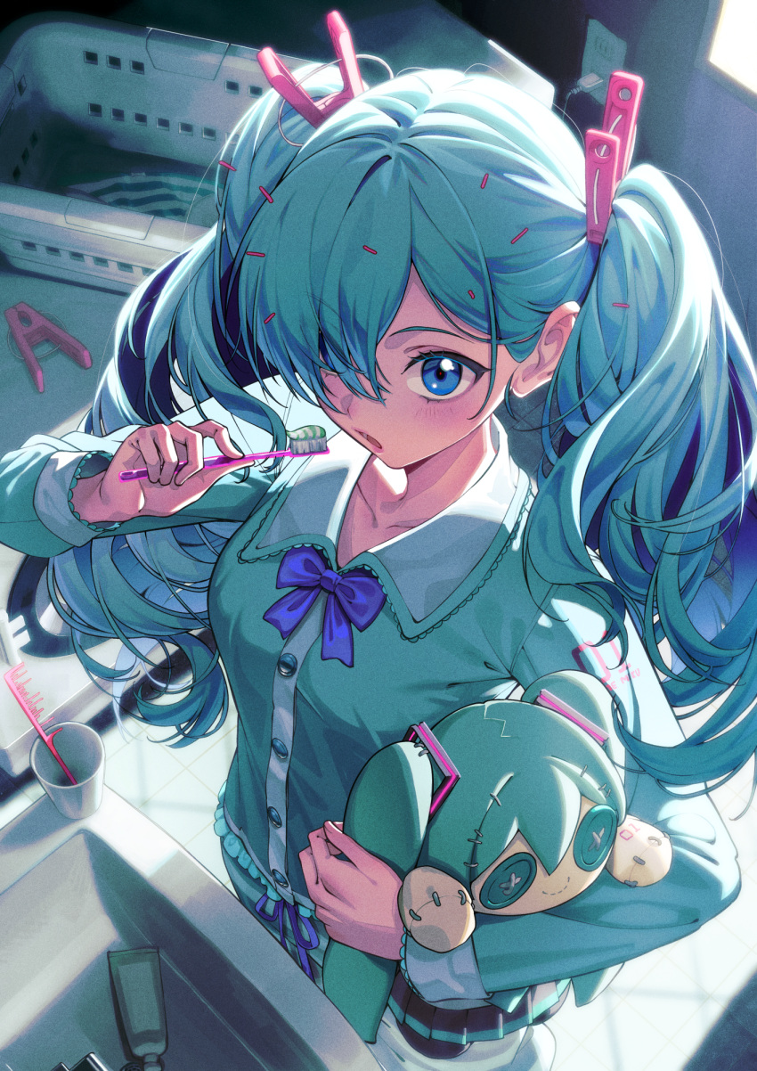 BBooru - aqua eyes aqua hair blue bow blue bowtie blush bow bowtie ...