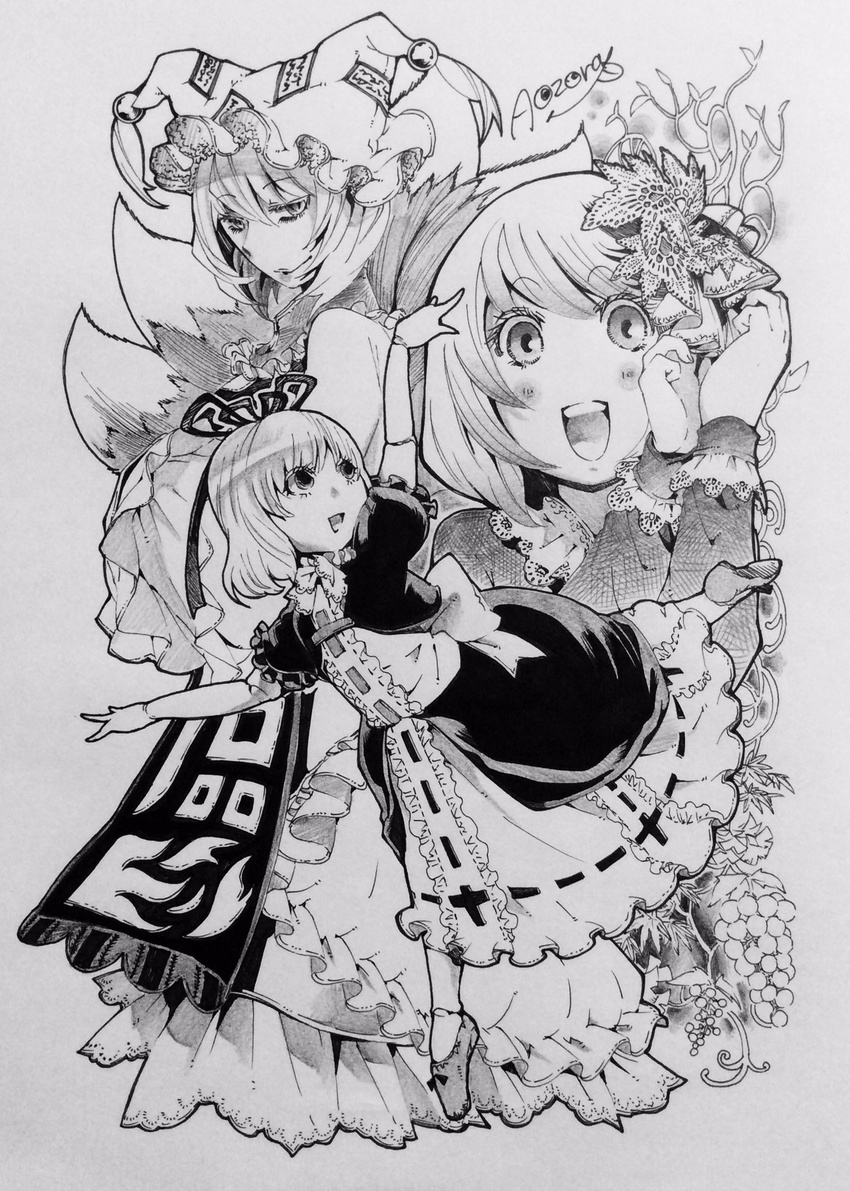 BBooru - 3girls aki shizuha animal hat aozora taf arm up artist name ...