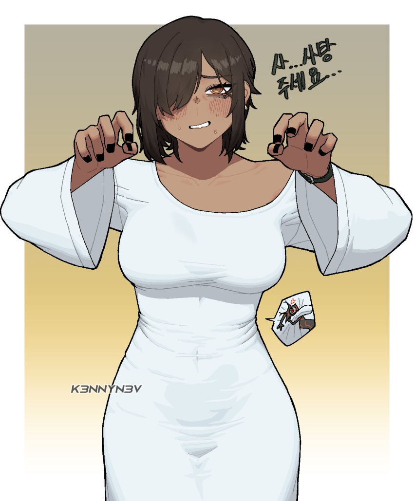 BBooru - alternate hairstyle bare shoulders black nails breasts brown hair cosplay dress female ...