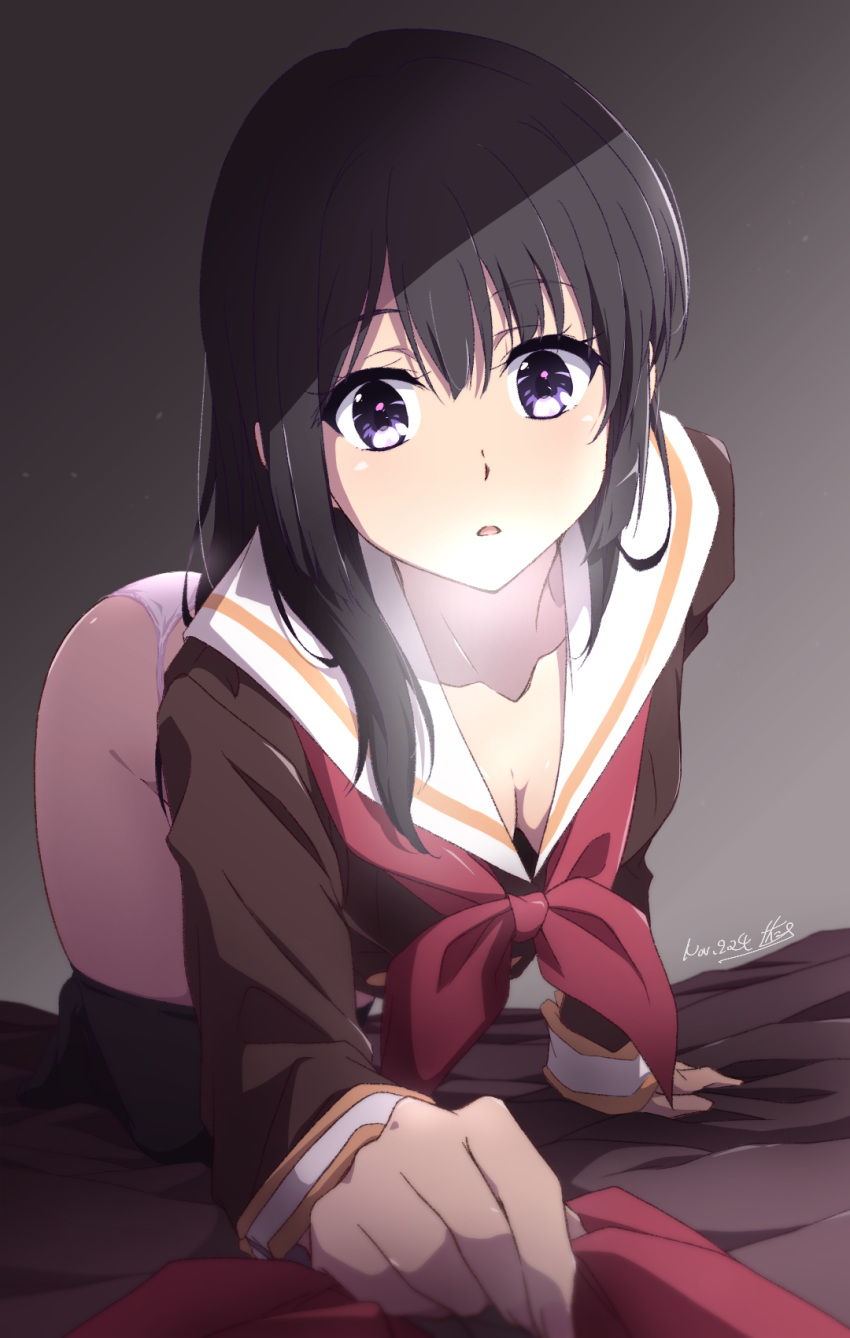 BBooru - black hair breasts brown shirt cleavage collarbone commentary request female hibike ...
