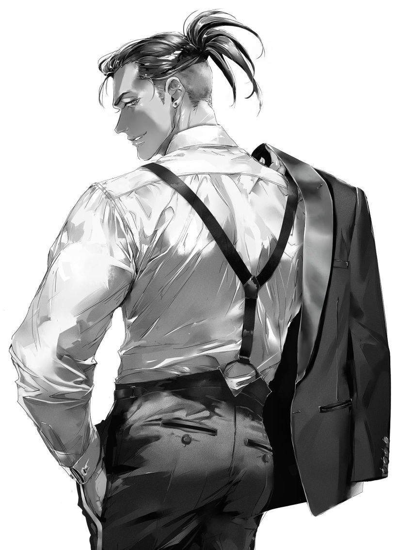 BBooru - 1boy ass cowboy shot earrings greyscale grin hand in pocket ...