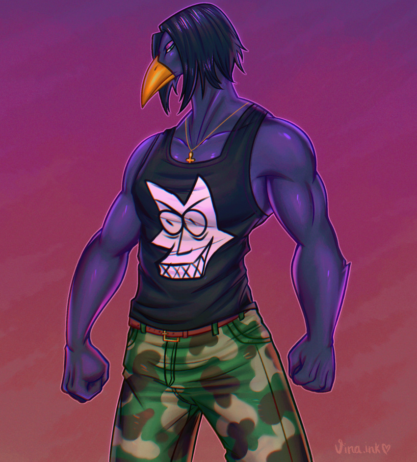 Bbooru Anthro Avian Bird Black Hair Bottomwear Camo Camo Clothing