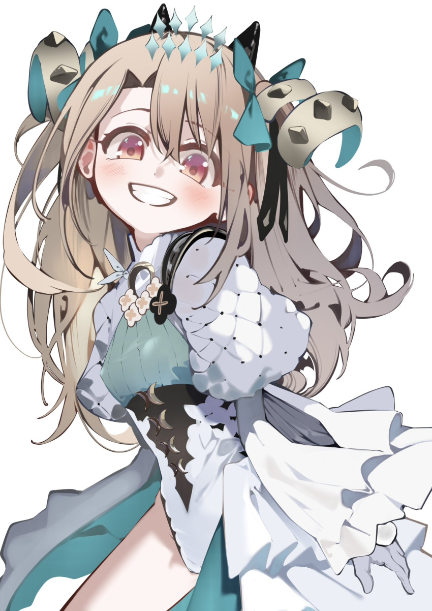 BBooru - blonde hair blush bow breasts cosplay curled horns elbow ...
