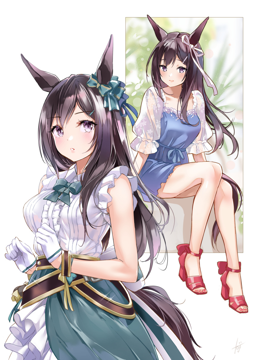 BBooru - animal ears aqua bow blue dress blush bow bowtie breasts brown ...