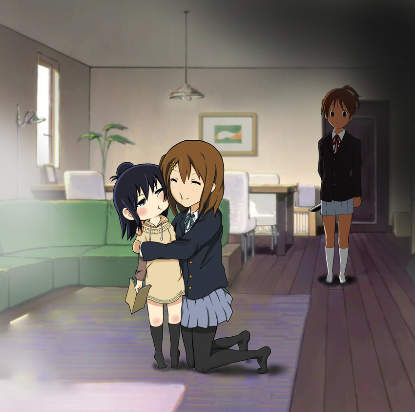 BBooru - 3girls :t blazer crossover highres hirasawa ui hirasawa yui hug jacket k-on! knife ...