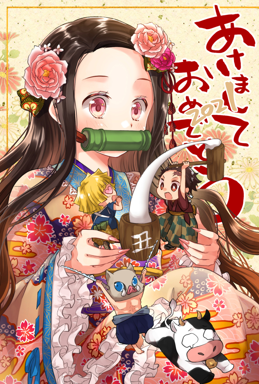 BBooru - 3boys agatsuma zenitsu animal arms up bamboo bell bit gag ...