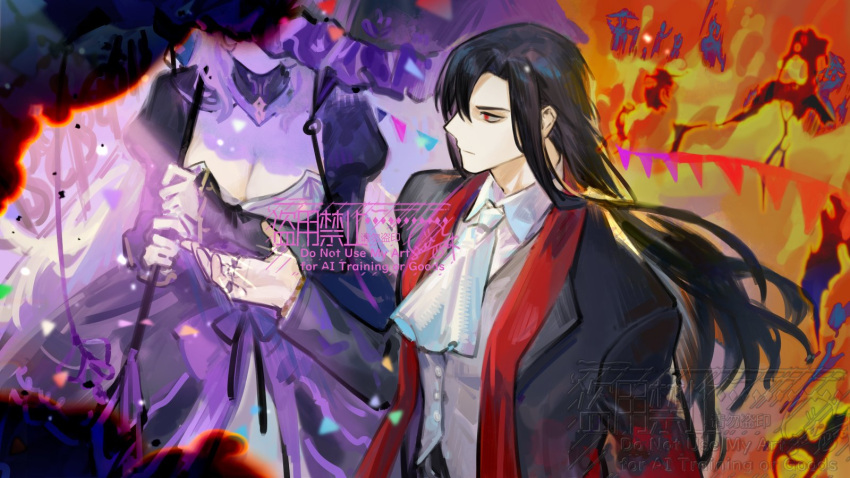 BBooru - 1boy black coat black hair blonde hair breasts bunting burning ...