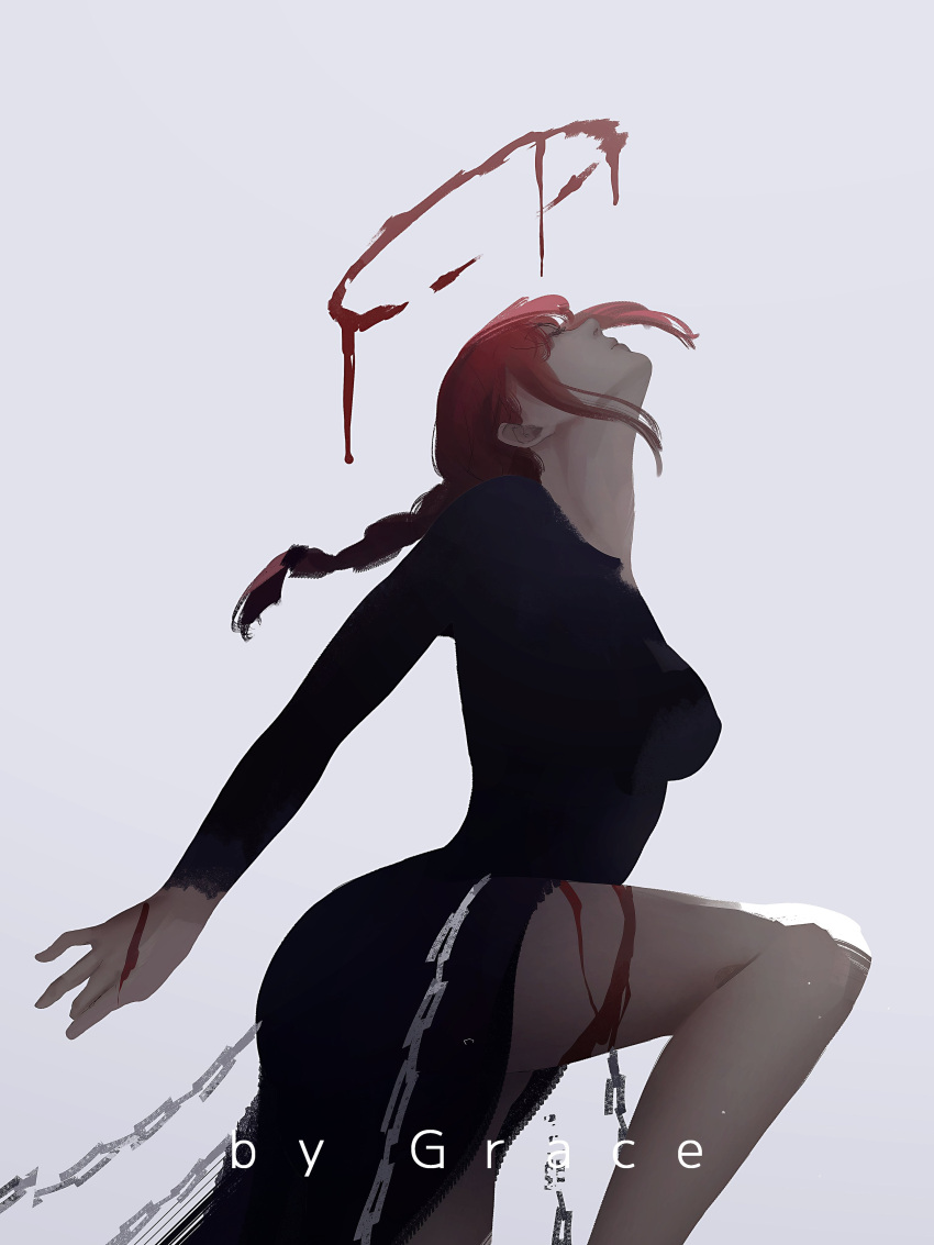 BBooru - absurdres artist name black dress blood blood halo blood on leg braid breasts chains ...