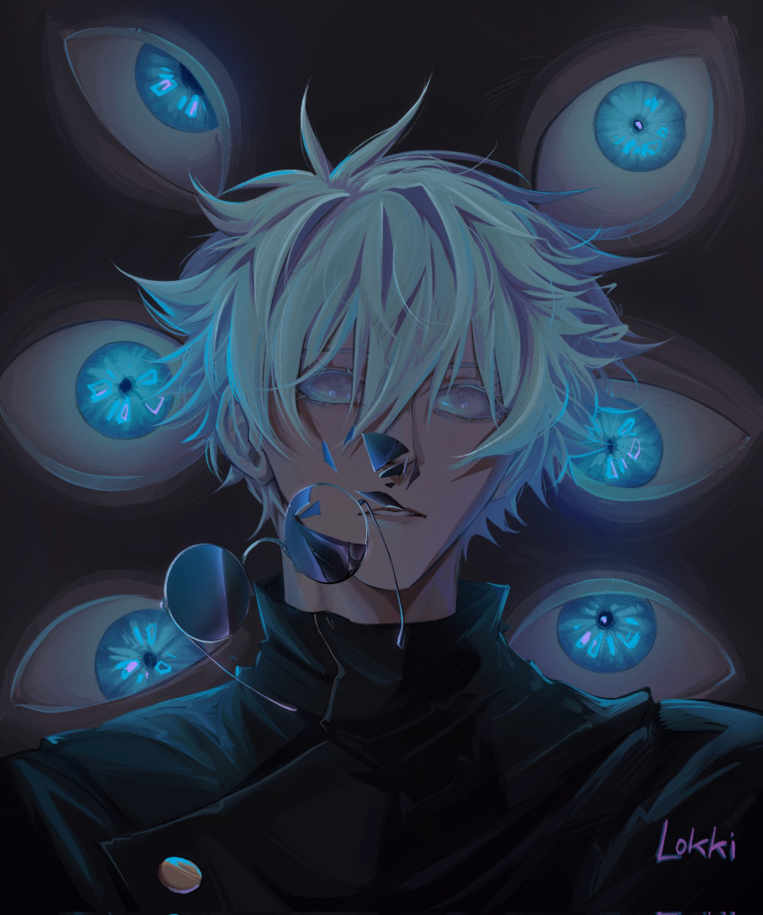 BBooru - 1boy blue eyes broken eyewear commentary dark dim lighting ...