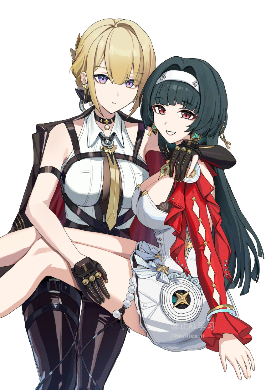 BBooru - 2girls astra yao black choker black gloves black hair black jacket blonde hair blunt ...