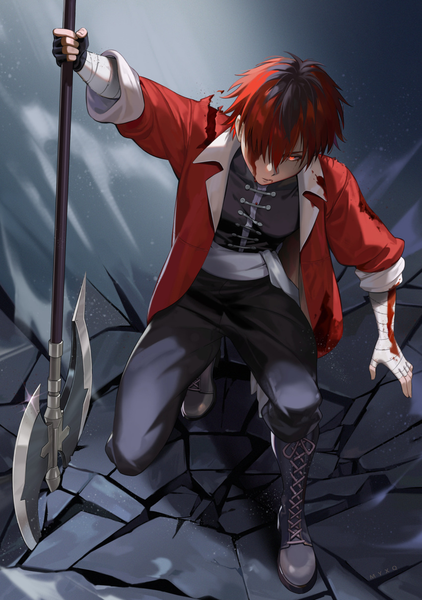 BBooru - 1boy axe bandaged arm bandages battle axe black footwear black gloves black hair black ...