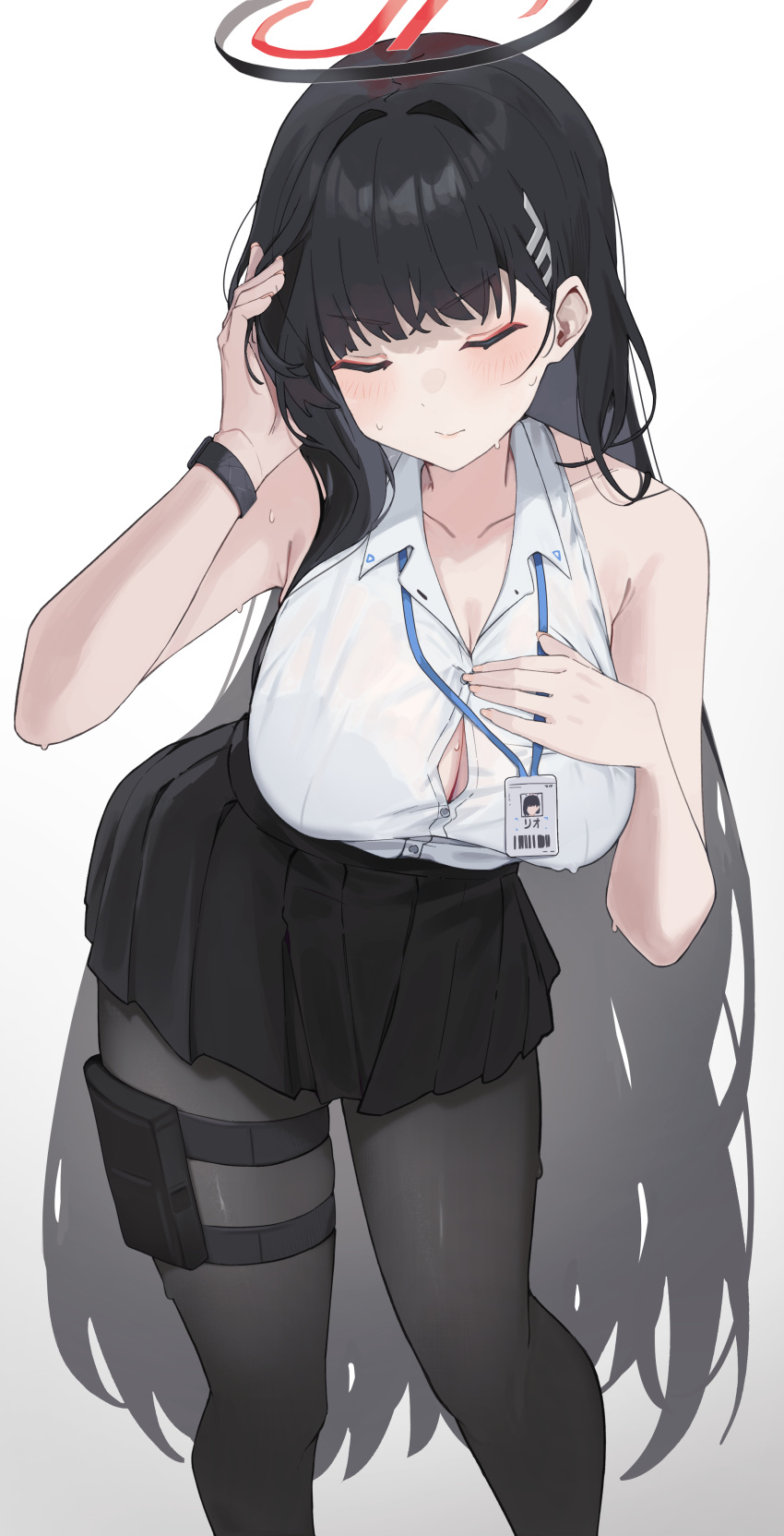 BBooru - absurdres alternate costume black hair black halo black pantyhose black skirt blue ...