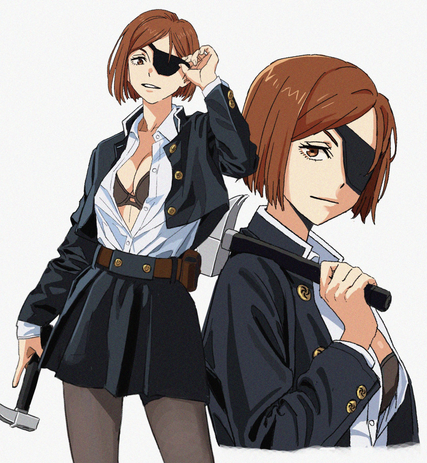 BBooru - absurdres black bra black jacket black skirt bra breasts brown eyes brown hair cleavage ...