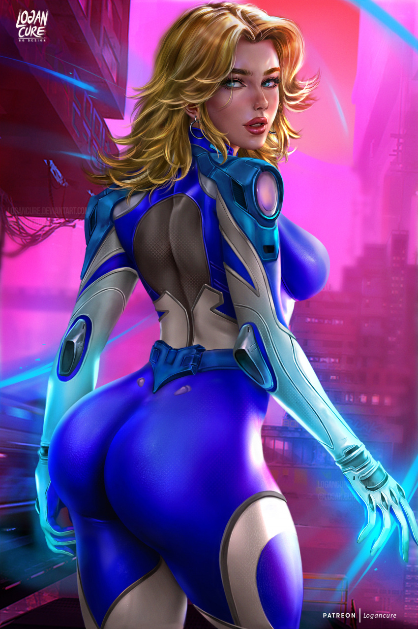 BBooru - absurdres ass blonde hair blue bodysuit blue eyes bodysuit breasts earrings fantastic ...